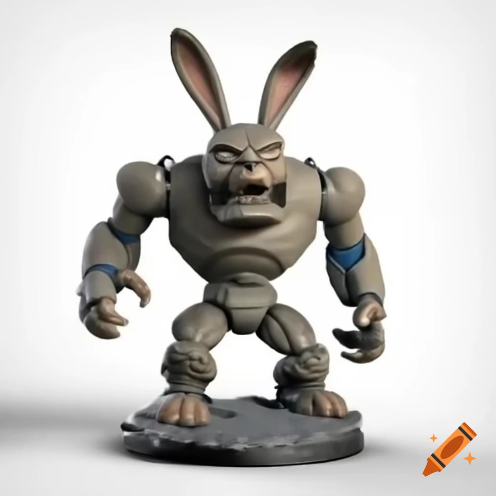 Detailed rabbit robot game figure in attack position on stone base on ...