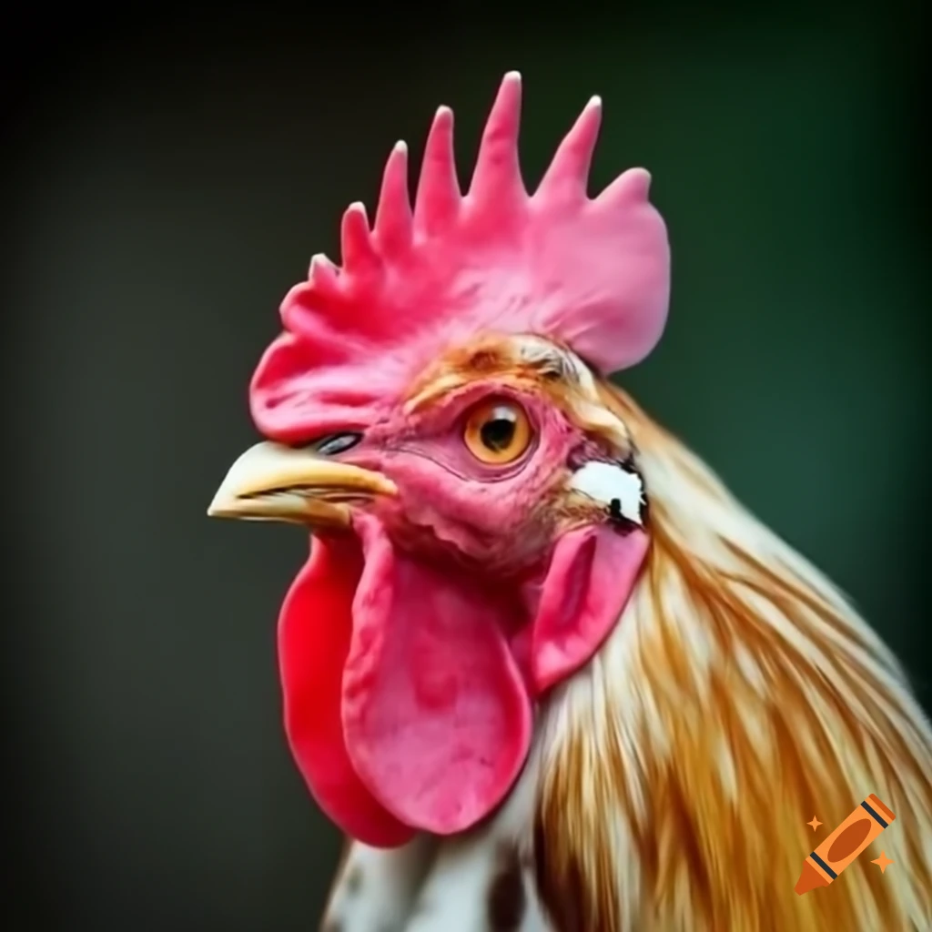 Detailed features of a rooster including comb, wattles, and beak on Craiyon