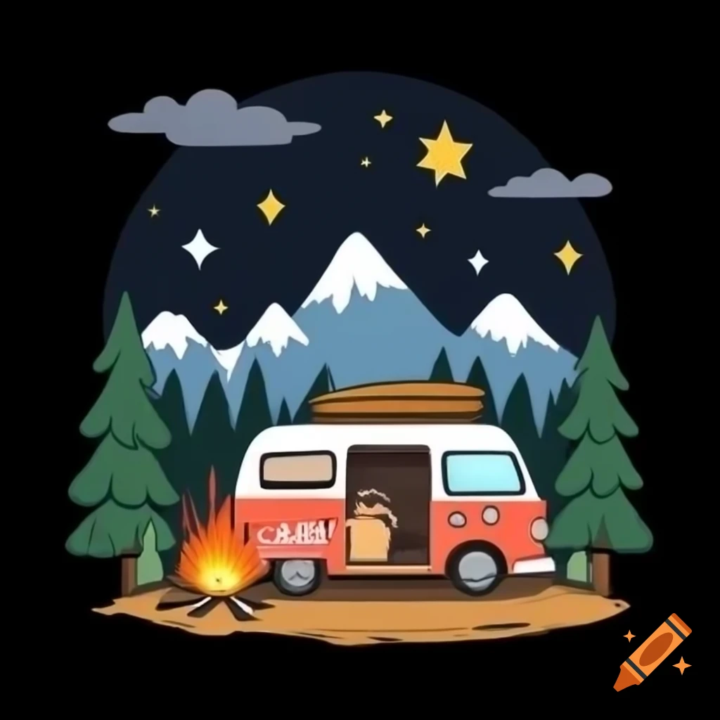 Cartoon camper van with 'Happy Camper' text, pine trees, campfire ...