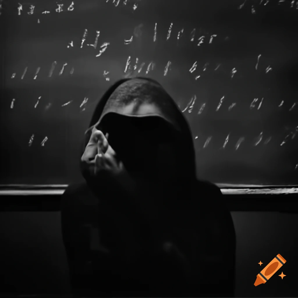Anonymous hacker in dark scene with math formulas on clothing on Craiyon