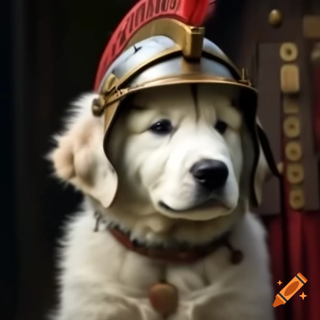 Great Pyrenees puppy wearing Roman soldier helmet on Craiyon