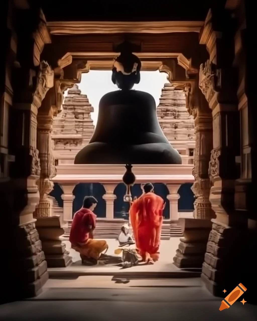 Indian man ringing temple bell, sound echoing on Craiyon