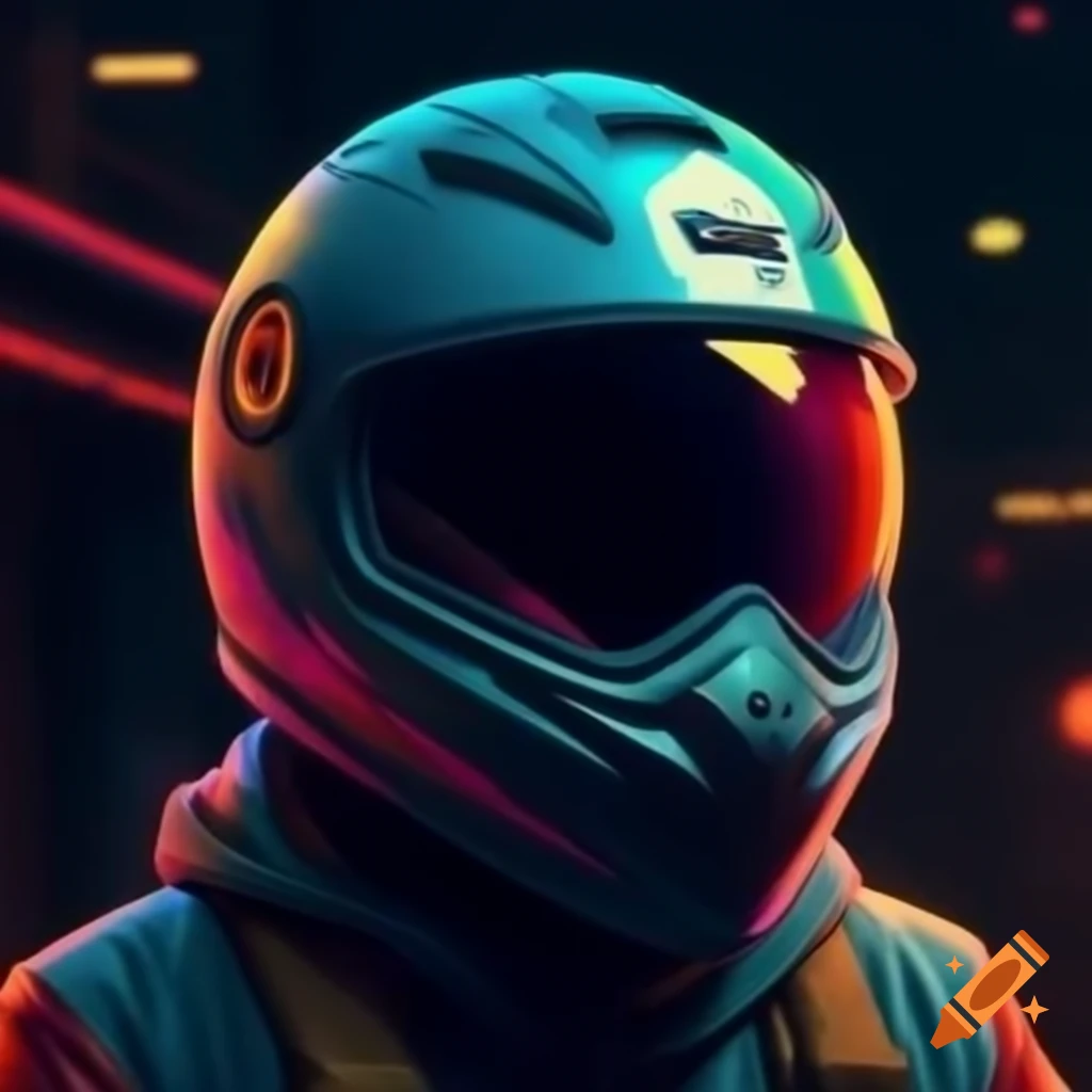 Animated motorbike helmet in nightcore style with vibrant colors on Craiyon