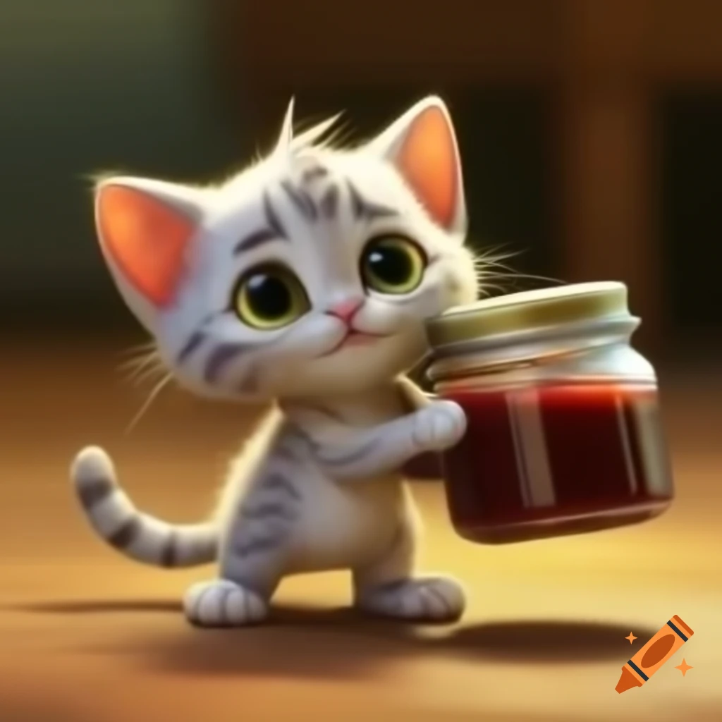 Cute kitten holding jar of jam in cartoon style on Craiyon