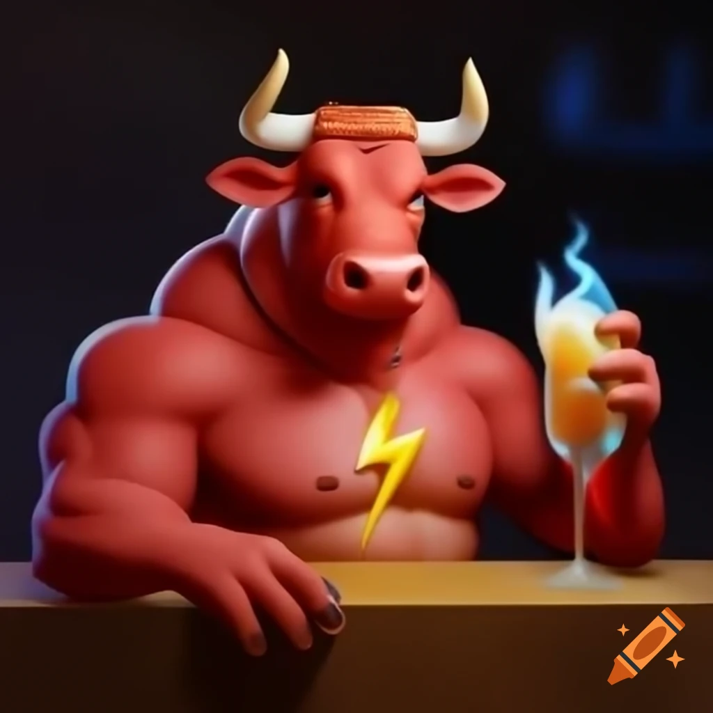 Anthropomorphic red bull with lightning bolt enjoying a cocktail on Craiyon
