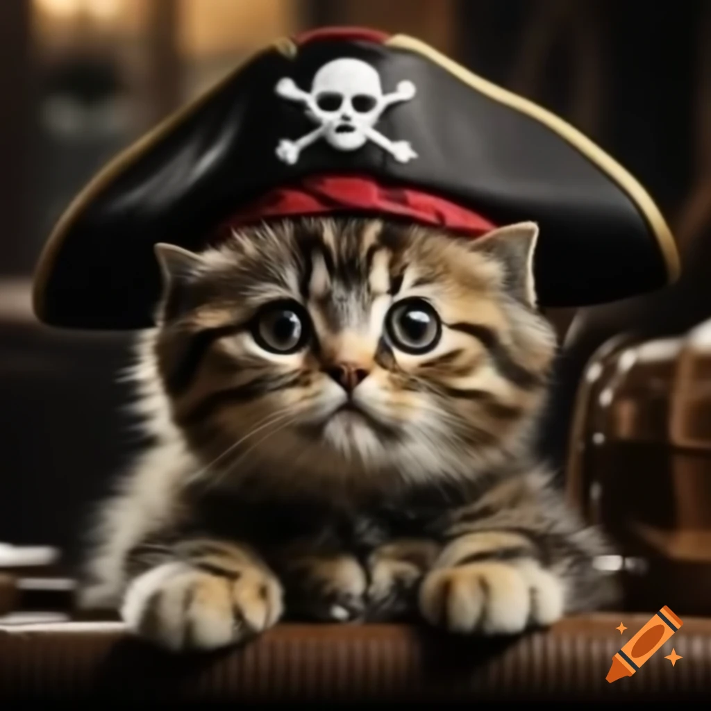 Fluffy grey and brown tabby kitten in a pirate hat on Craiyon