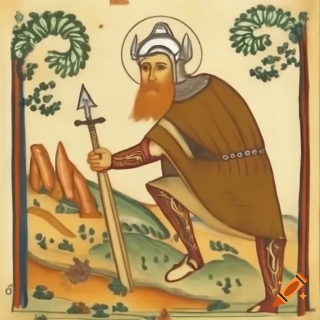 Viking explorer with beard in white cloak in medieval manuscript on Craiyon