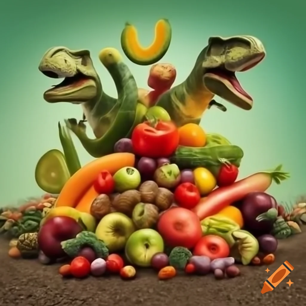 Dinosaur eating colorful fruits and vegetables, highlighting ...