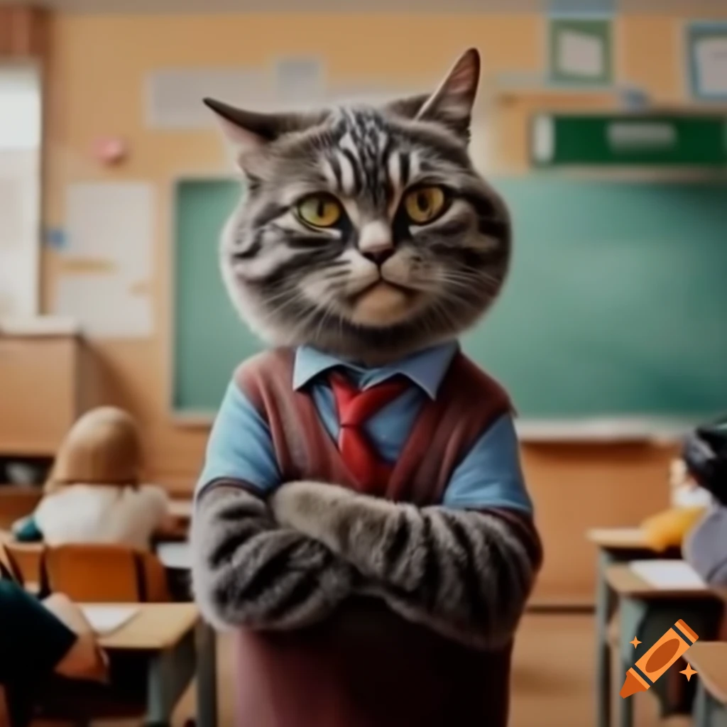 Cat teacher in comic style overseeing mischievous animals in classroom ...