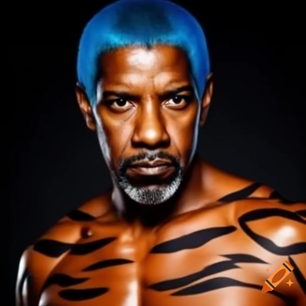 Muscular man resembling Denzel Washington with tiger-style makeup and colorful hair on Craiyon