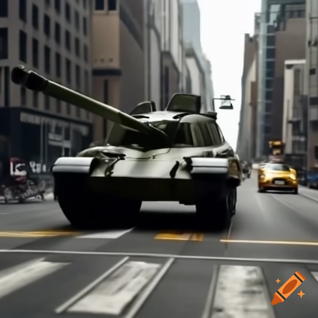 Tank and taxi racing on city street with bike on tank armor on Craiyon