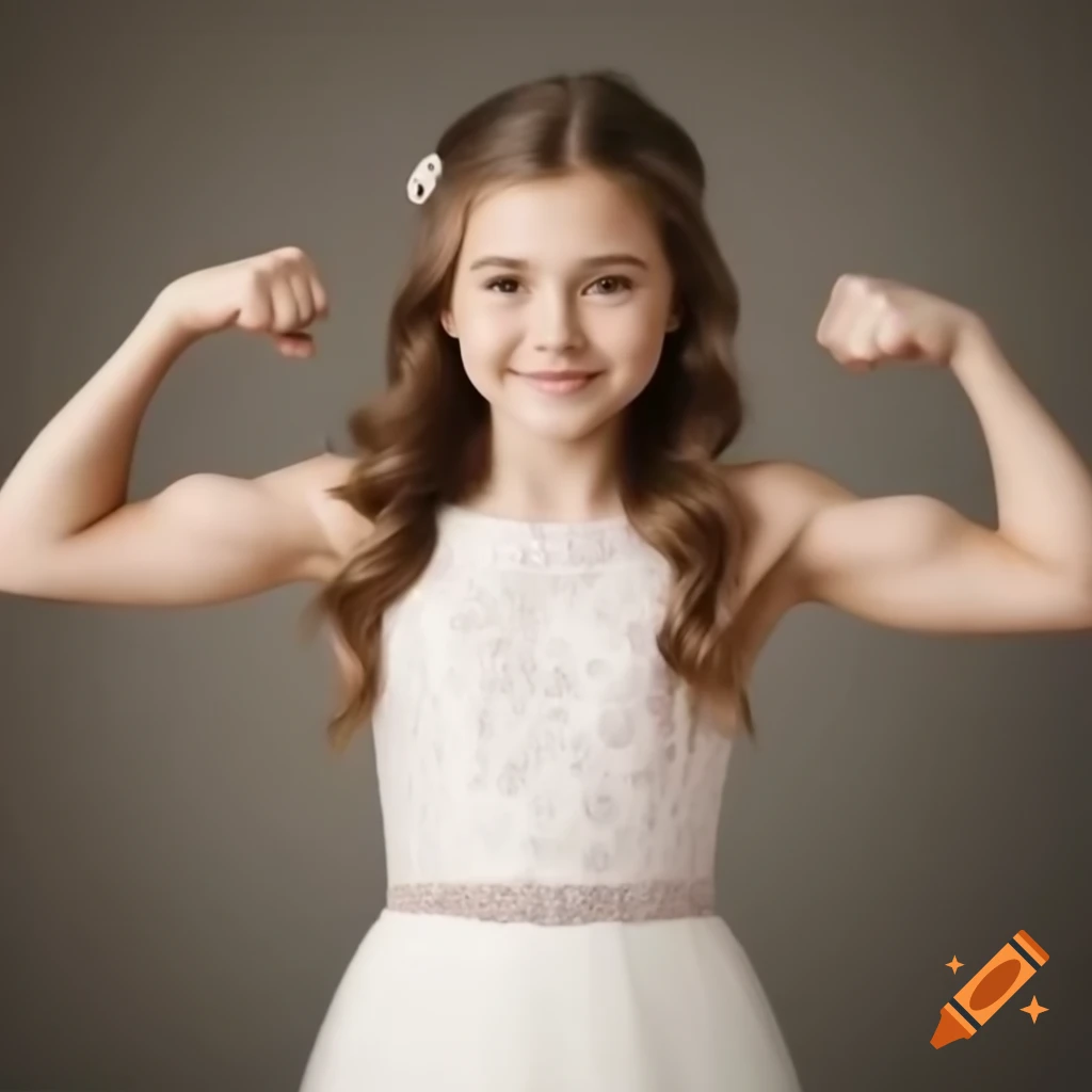 Cute girl flexing biceps in elegant bridesmaid dress on Craiyon