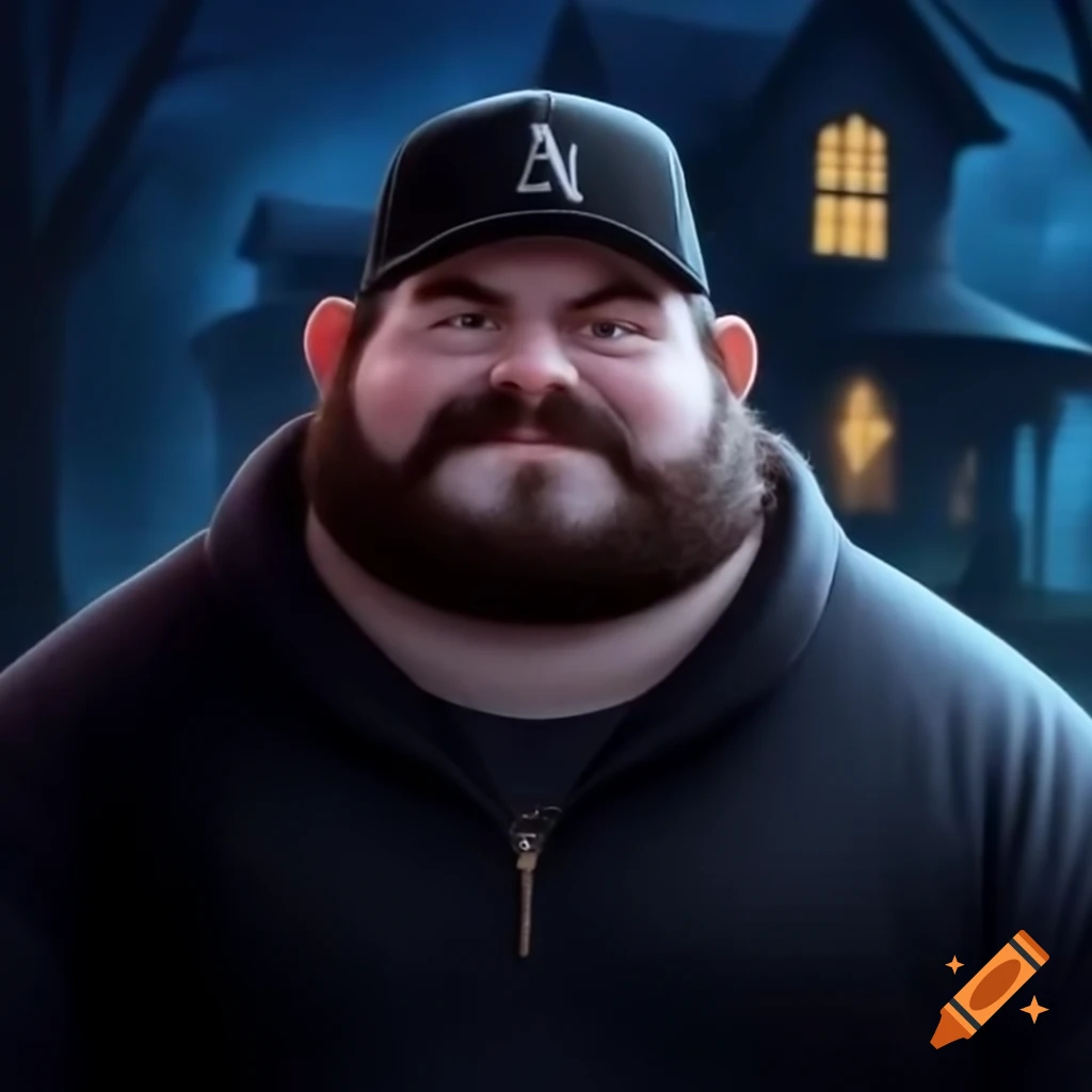 Man with black cap and beard standing in front of haunted house at ...