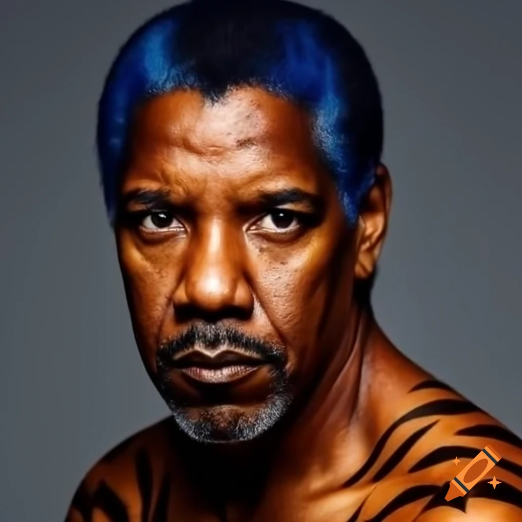 Muscular actor with tiger-style makeup featuring blue hair and orange ...