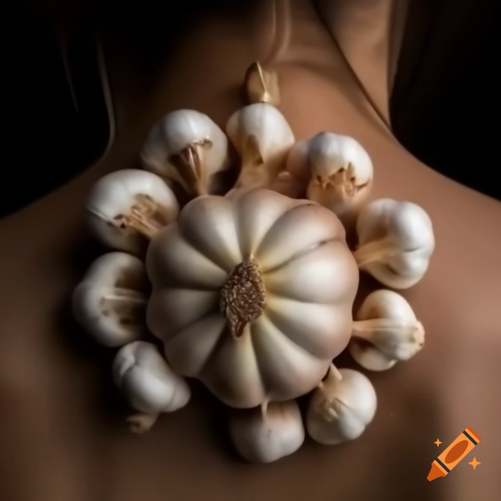 Close-up of handmade amulet made of garlic cloves and herbs on young ...