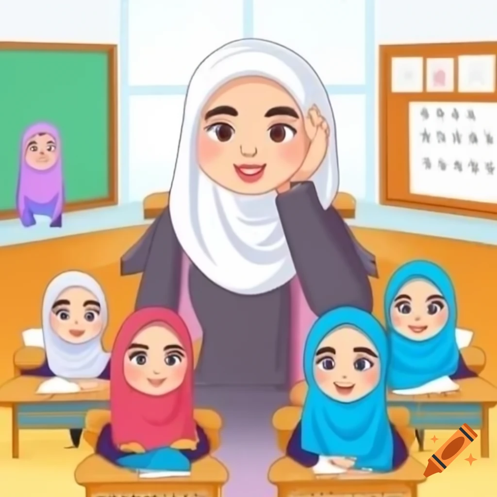 Cartoon Muslim female teacher with hijab and six female students in ...