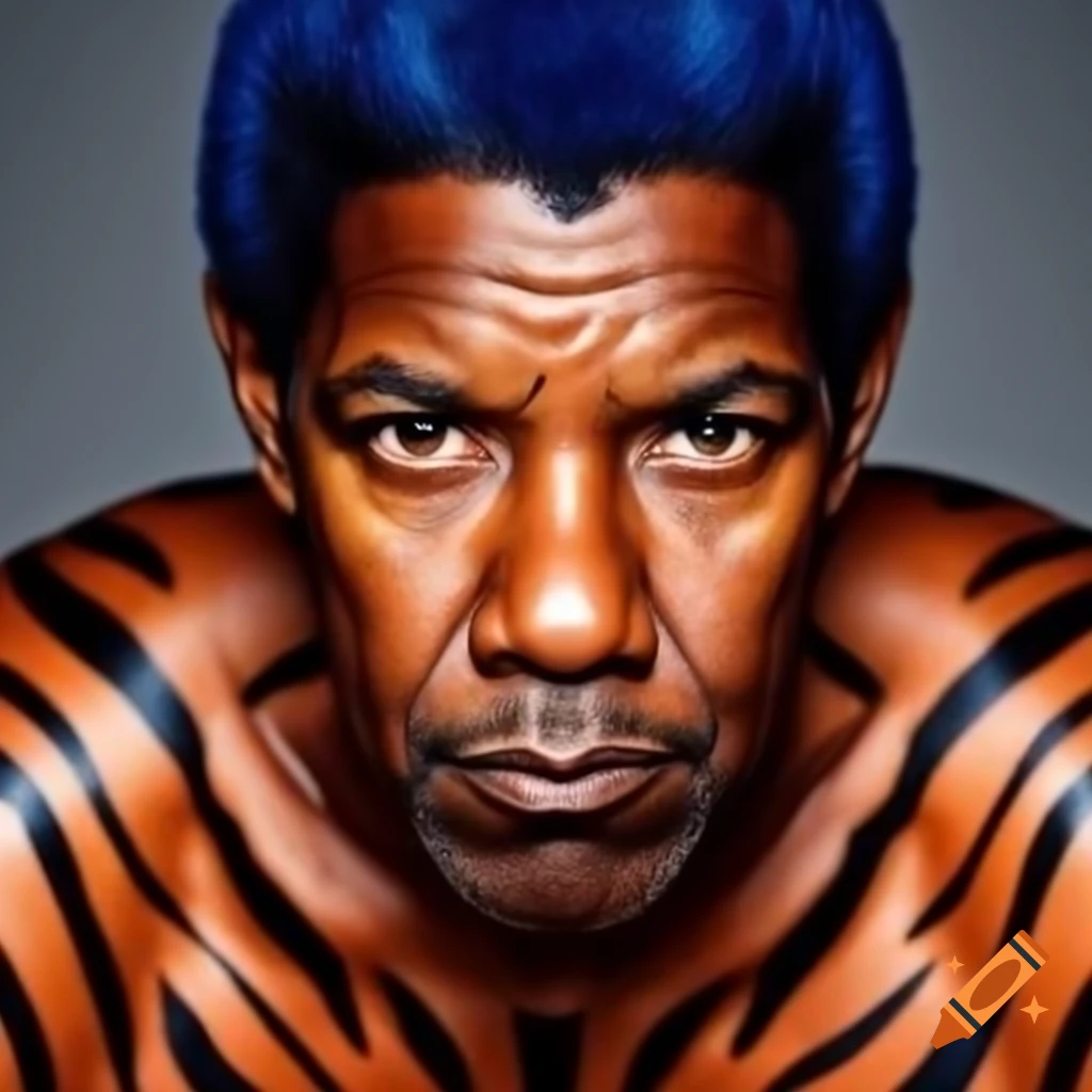Muscular figure with tiger-style makeup and blue hair, striking a ...