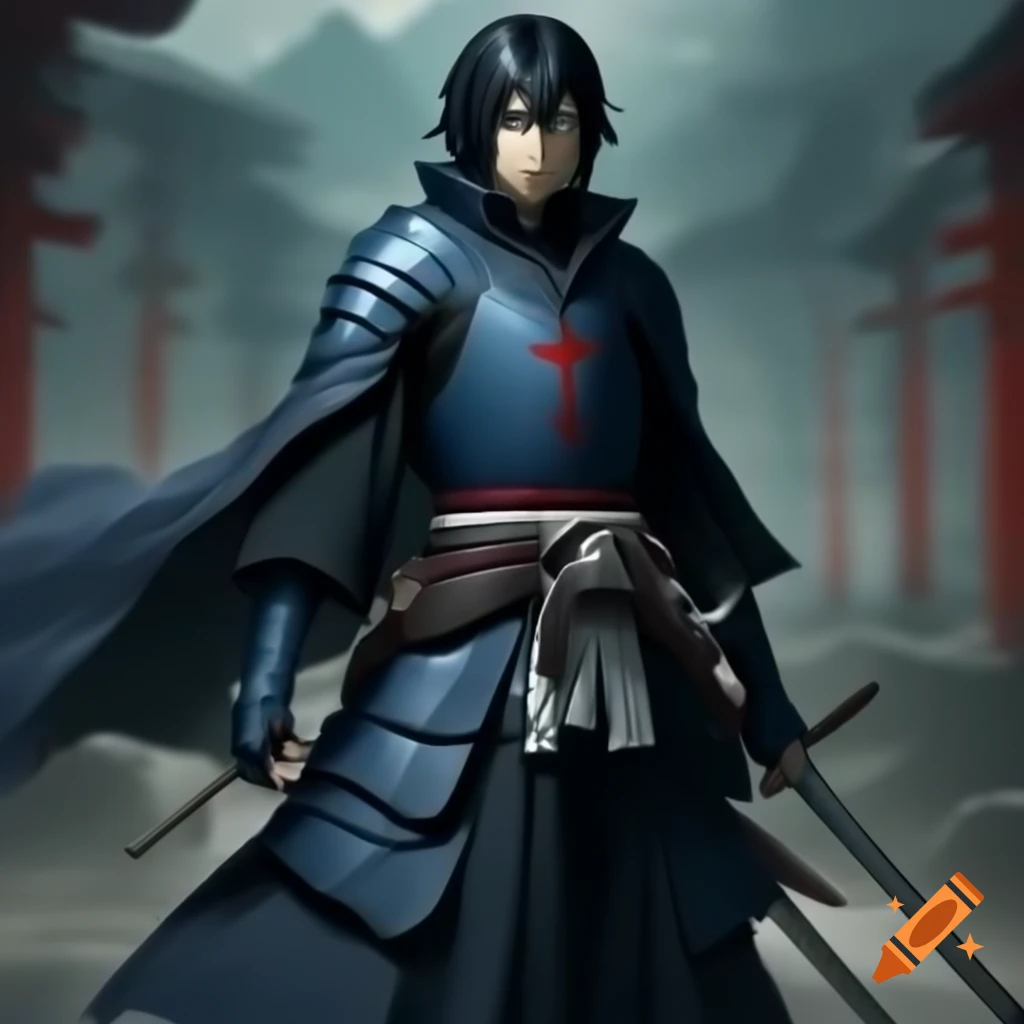 Fusion character in blue templar armor wielding sword on Craiyon