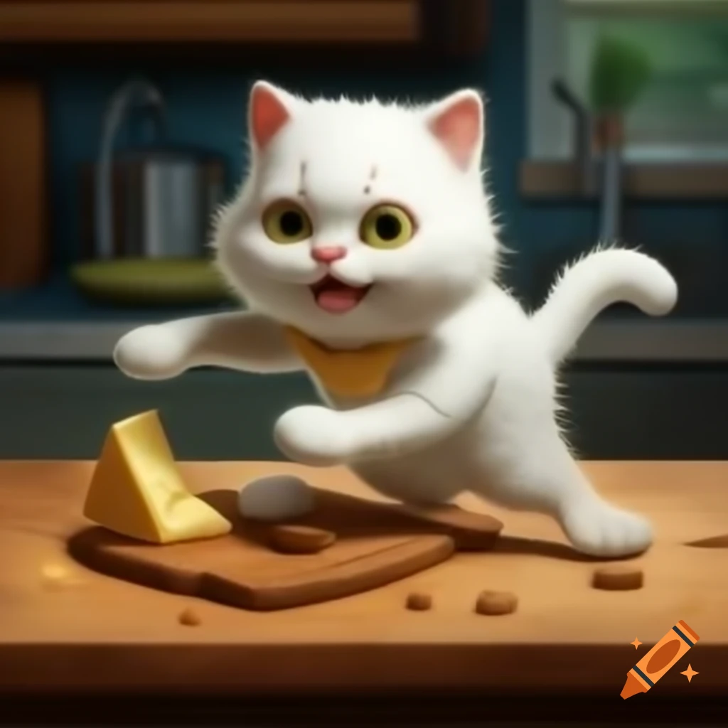 Furry white cat running with cheese in cartoon style kitchen scene on ...