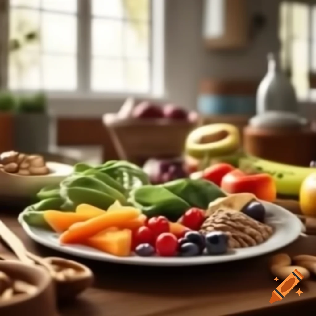 Healthy fresh food plate with vegetables, fruits, grains, and nuts on ...