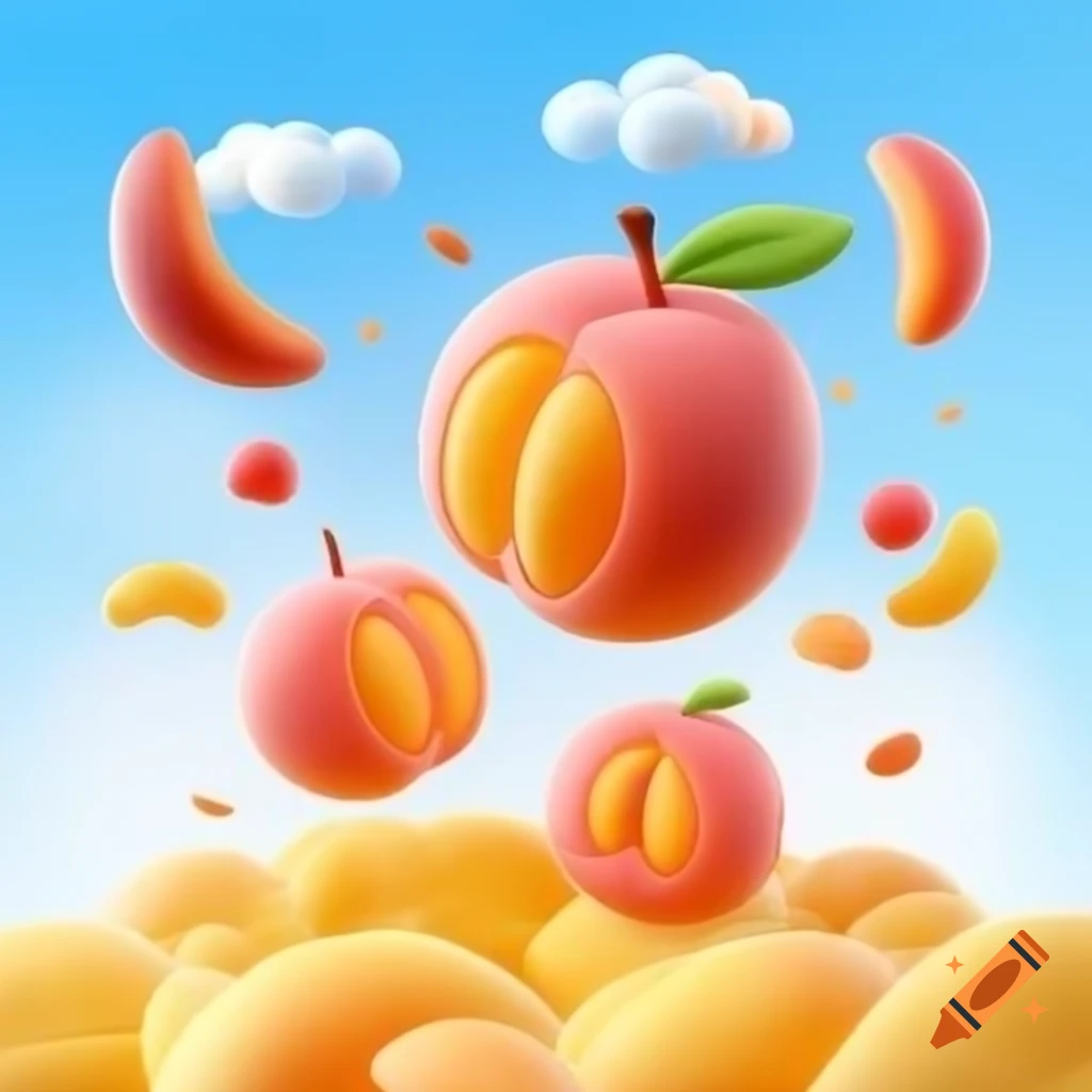 Playful cartoon scene of peaches and French fries falling from the sky ...