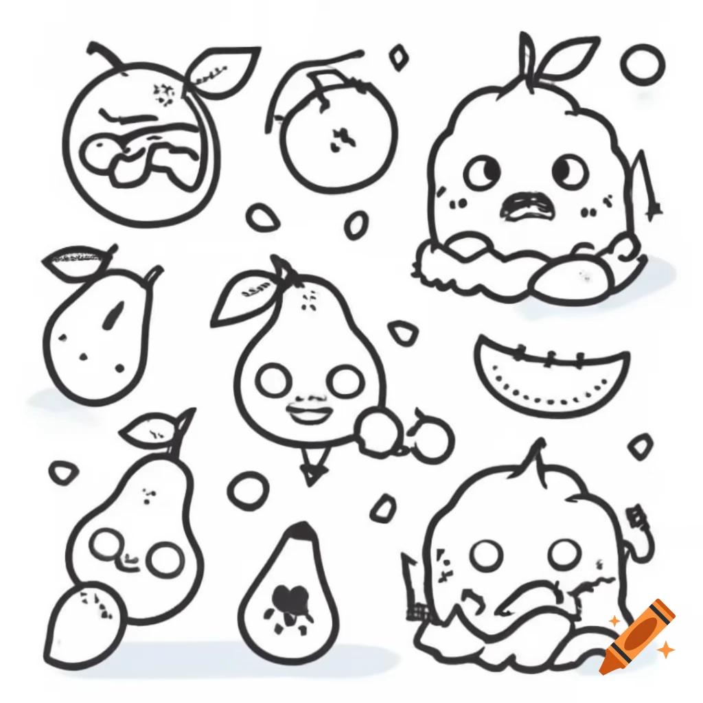 Cute monster outlines eating various fruits in black and white on Craiyon