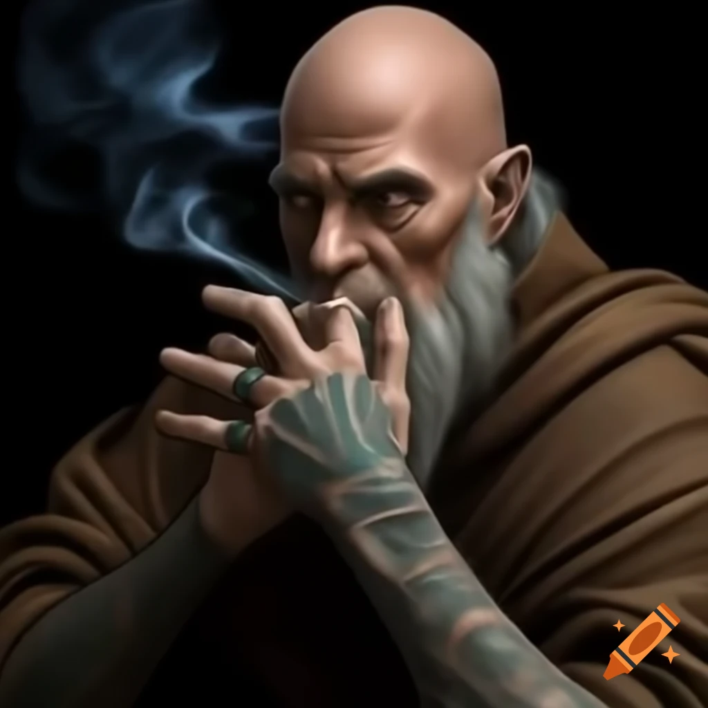 Middle aged bald wizard with arm tattoo and smoking on Craiyon