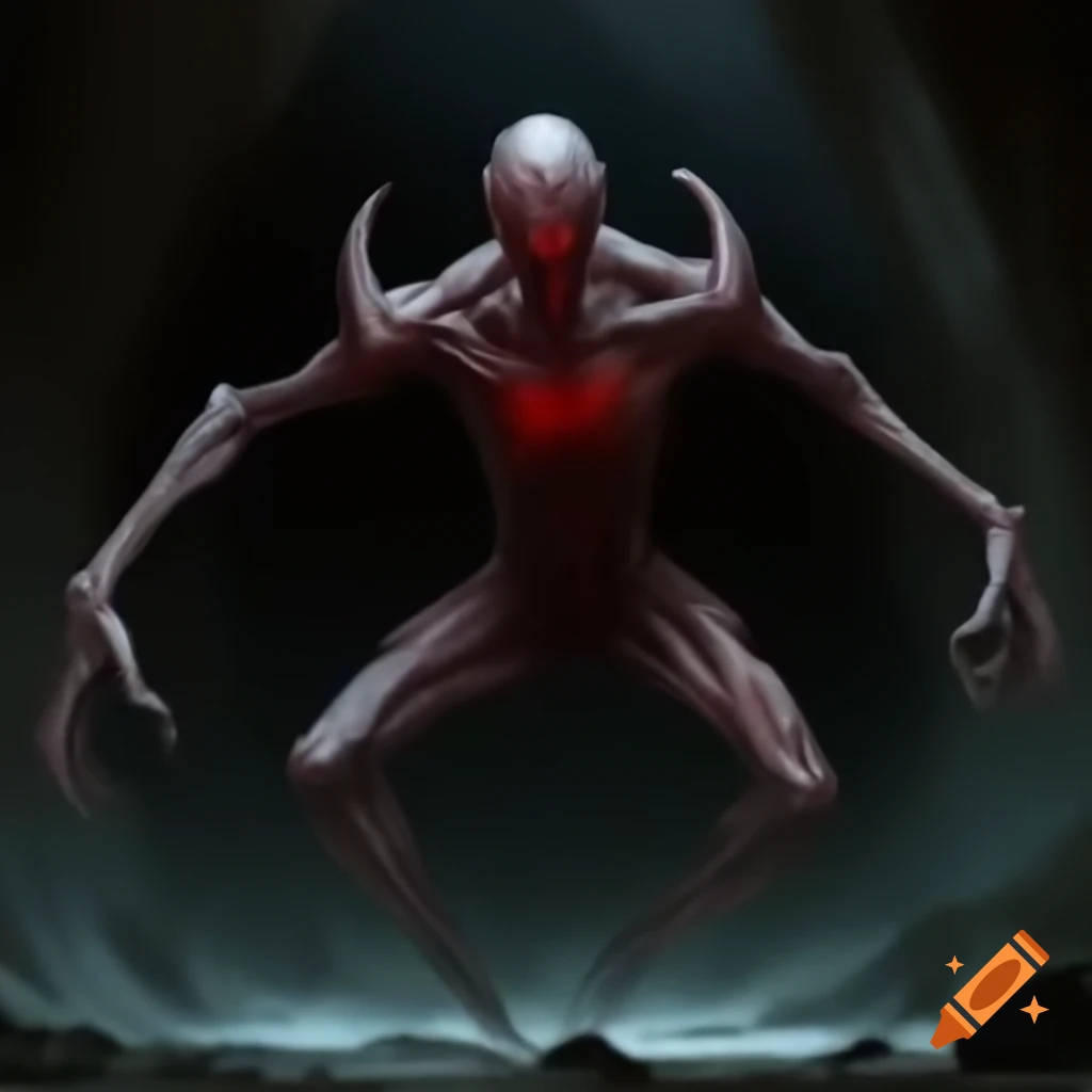 Creepy humanoid figure with red arm ends in dark cave on Craiyon