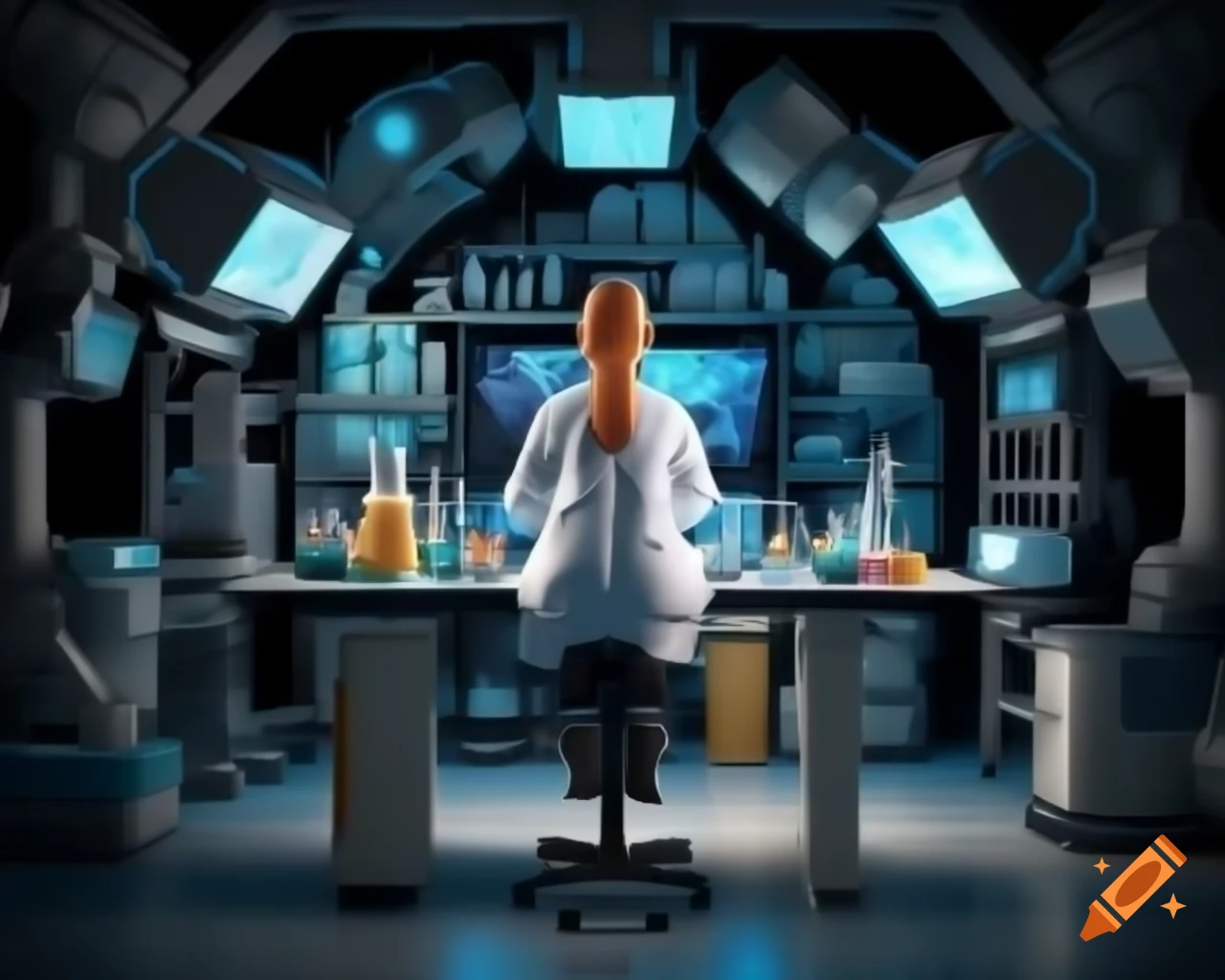 Hyperrealistic 3D render of woman in lab coat in futuristic laboratory ...