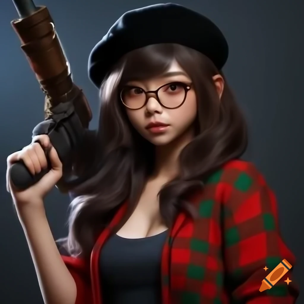 Realistic full-length portrait of Asian woman in beret and red tartan ...