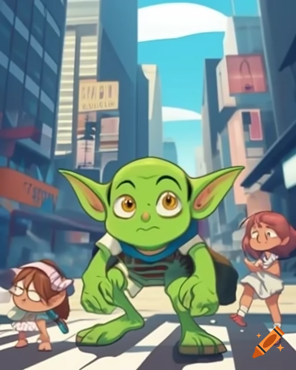 Two green-skinned goblin girls exploring a busy city in anime style on ...