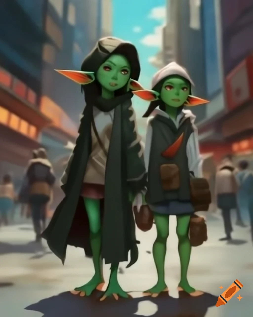 Two green-skinned goblin girls in streetwear exploring busy city on Craiyon