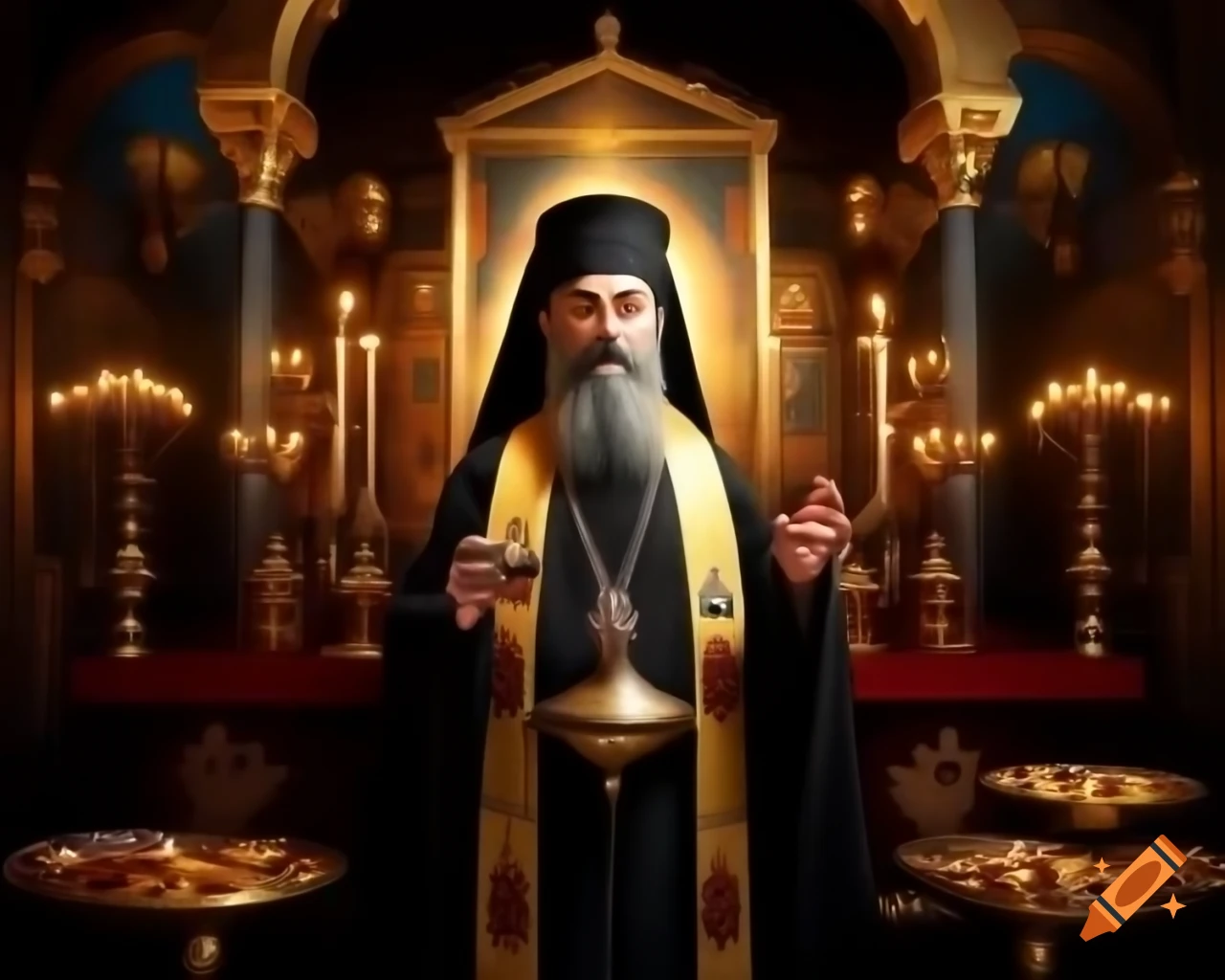 Orthodox priest with censer in Byzantine-style church on Craiyon