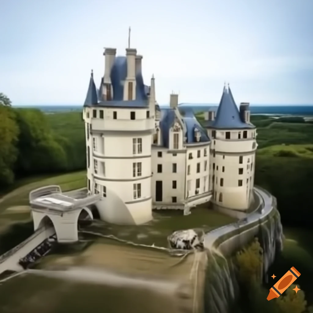 Castle under construction with four towers and a main courtyard, surrounded by a moat and ...