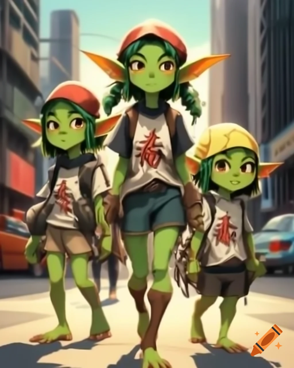 Two green-skinned goblin girls in streetwear exploring busy city on Craiyon