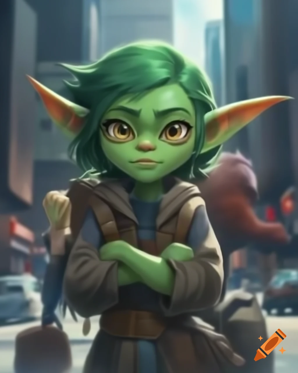 Two green-skinned goblin girls exploring a busy city in anime style on ...