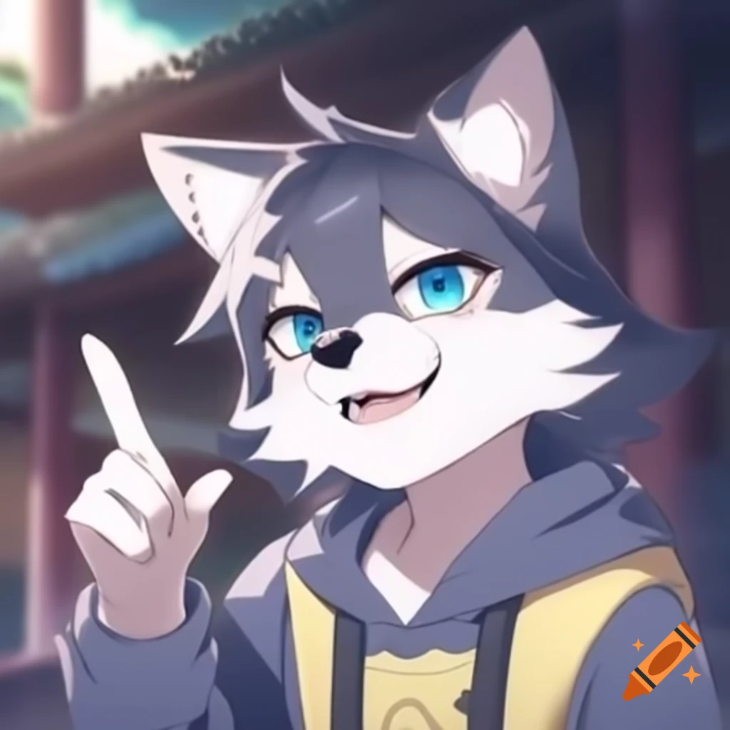 Anime-style wolf-human hybrid with wolf ears and tail, scratching ear ...