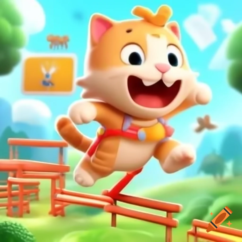 Energetic kitten displaying agility in colorful cartoon scenery on Craiyon