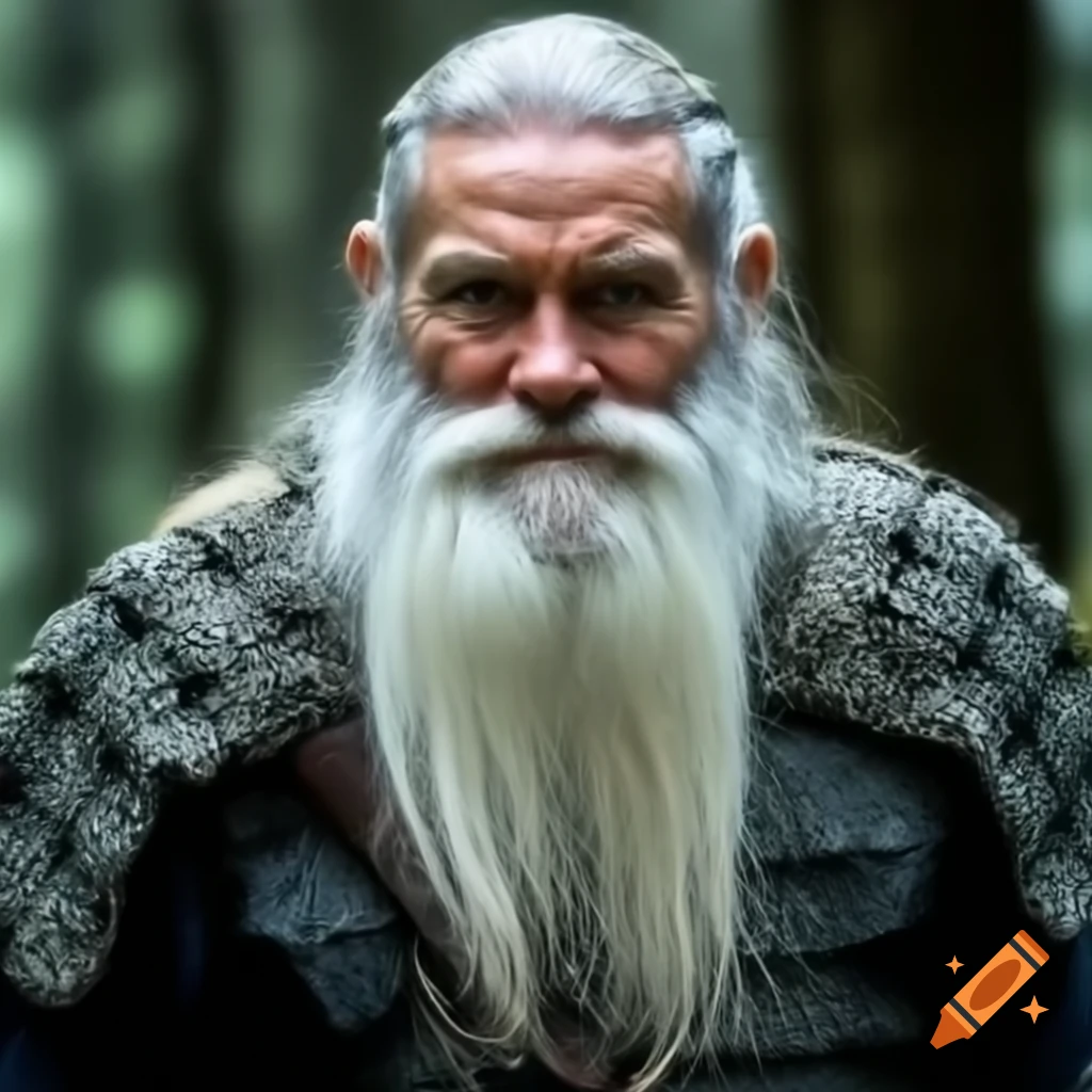 Dwarf with long white beard in chainmail against blurry forest backdrop ...