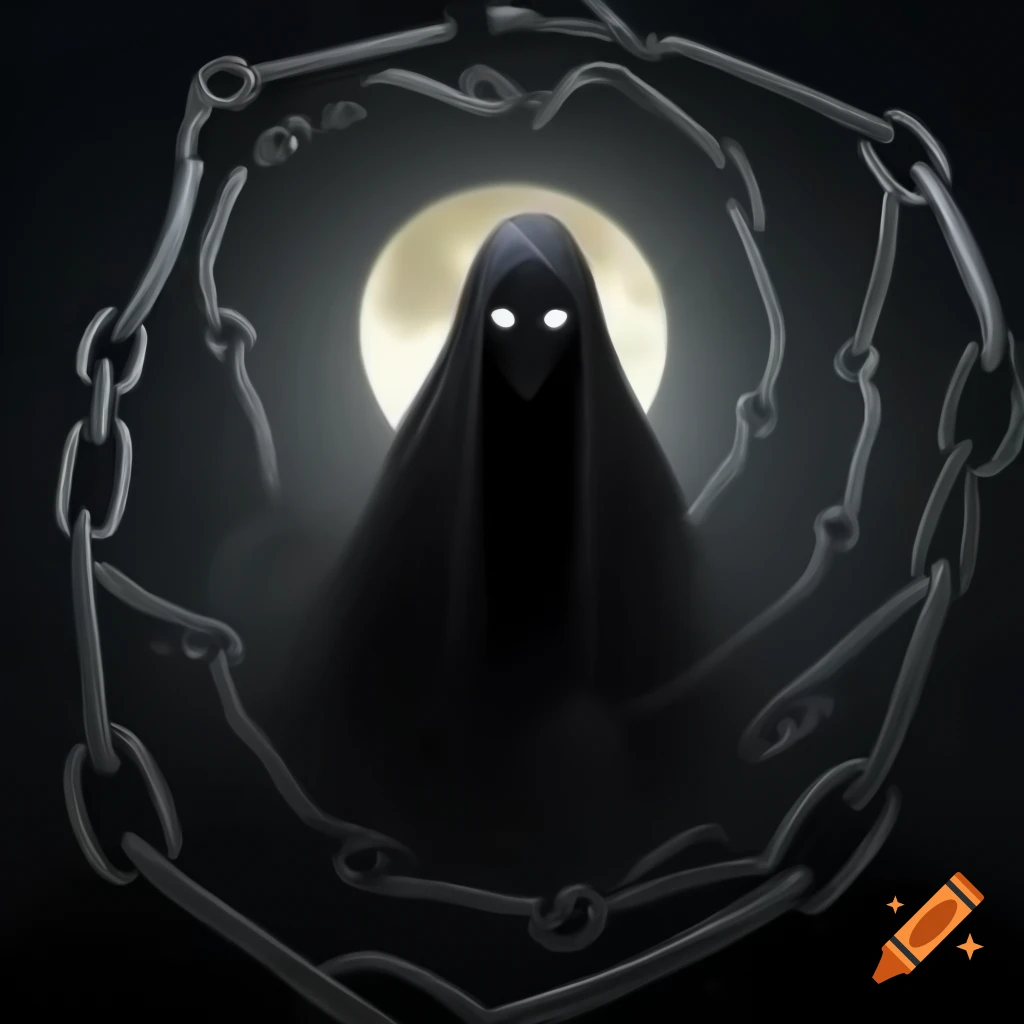 Dark entity bound by ethereal chains in pitch blackness on Craiyon