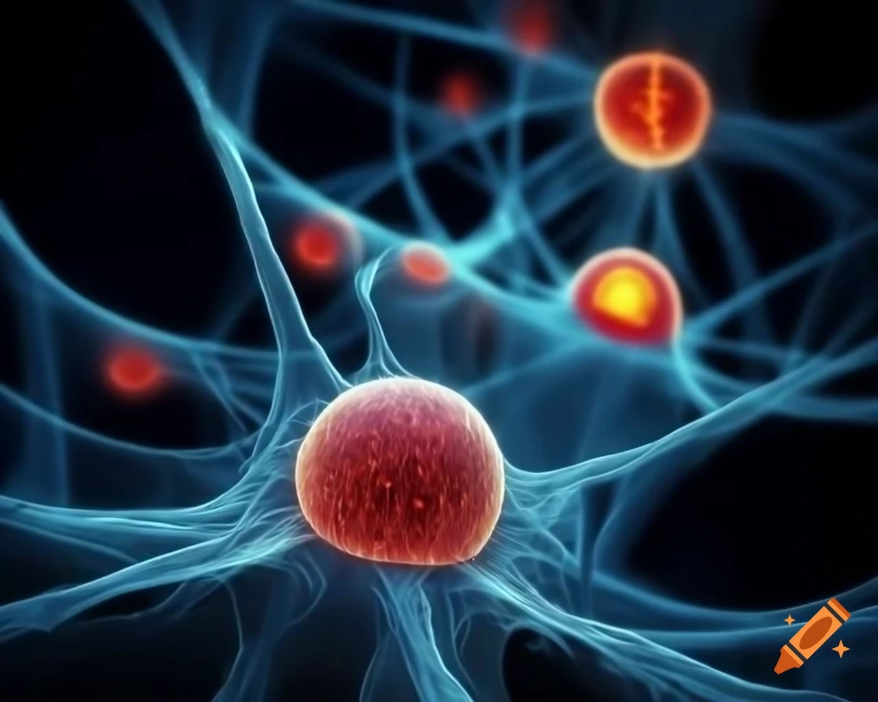 3D render of cellular structures viewed through electron microscope in ...