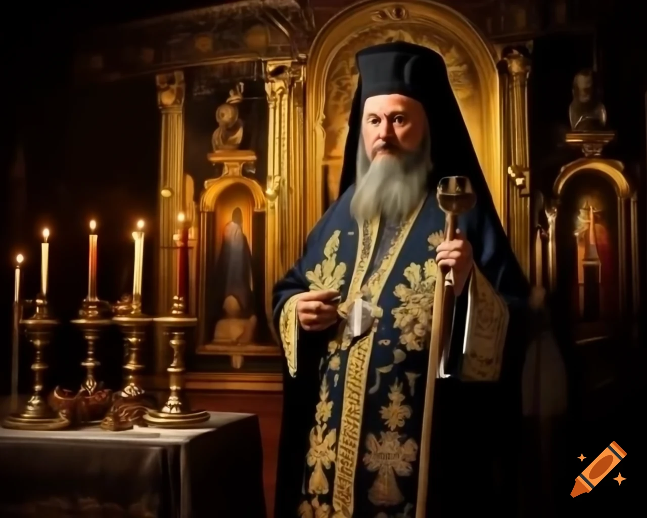 Orthodox priest censing at gilded altar in Byzantine temple on Craiyon