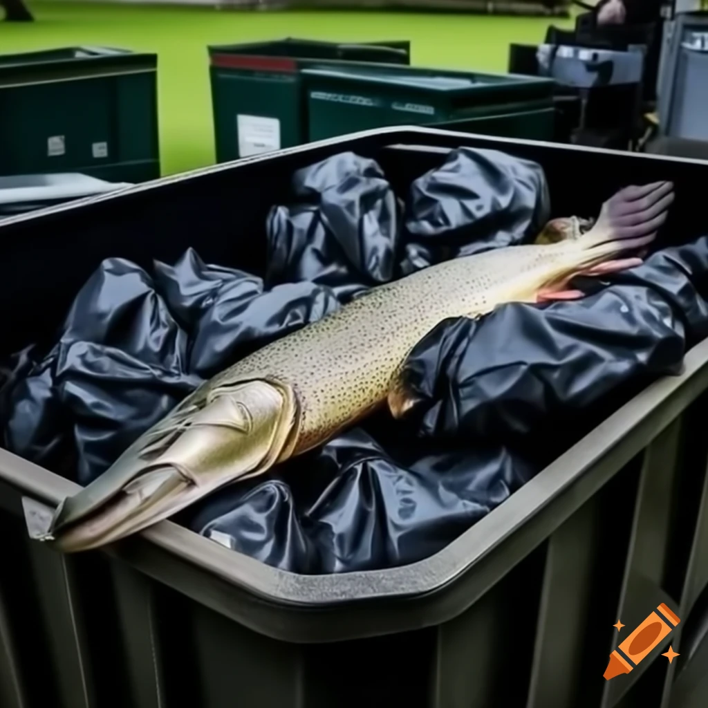 Large pike fish in metal dumpster surrounded by black trash bags in ...