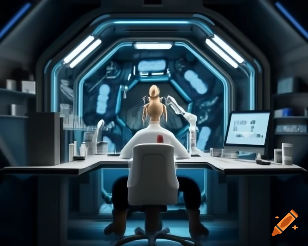 Hyperrealistic 3D render of woman in futuristic lab with high-tech ...