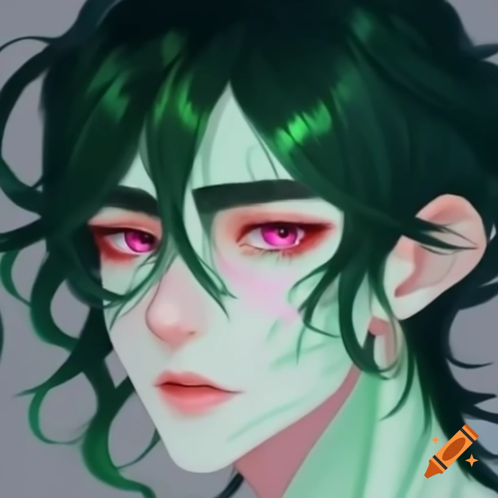 Stylish Korean anime character with light green skin, dark green hair ...