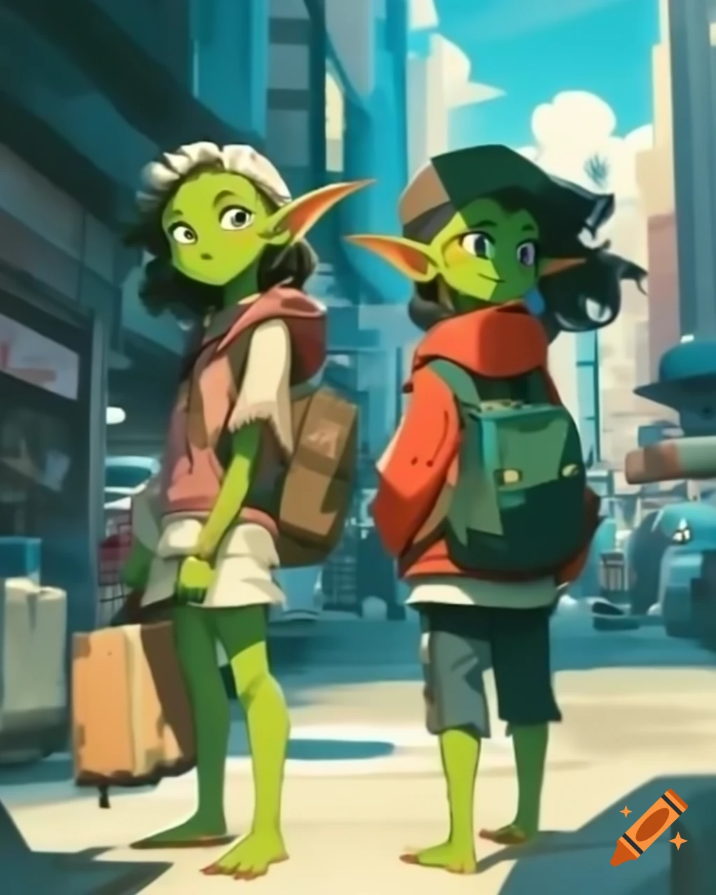 Two green-skinned goblin girls in streetwear exploring a busy city on ...
