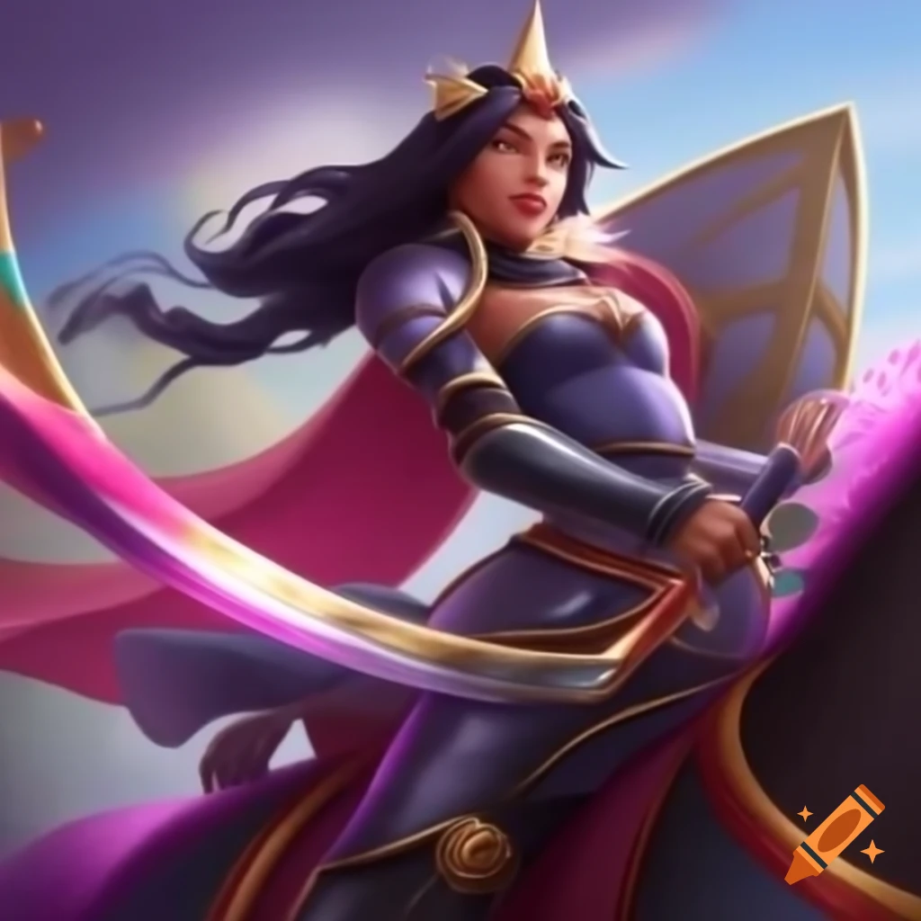 Ninja princess with rose gold armor riding ebony unicorn on rainbow, vibrant fantasy art on Craiyon