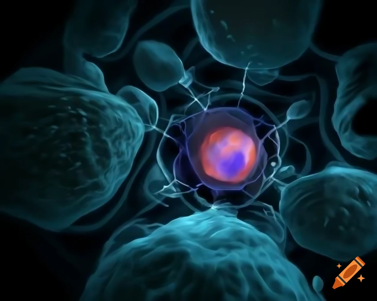 3D render of cellular structures viewed through electron microscope in ...