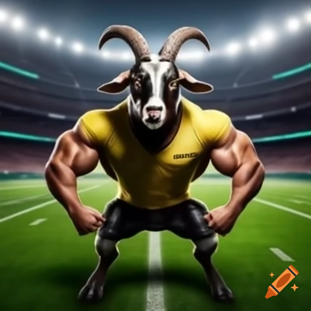 Muscular bodybuilder goat mascot on vibrant green football stadium ...