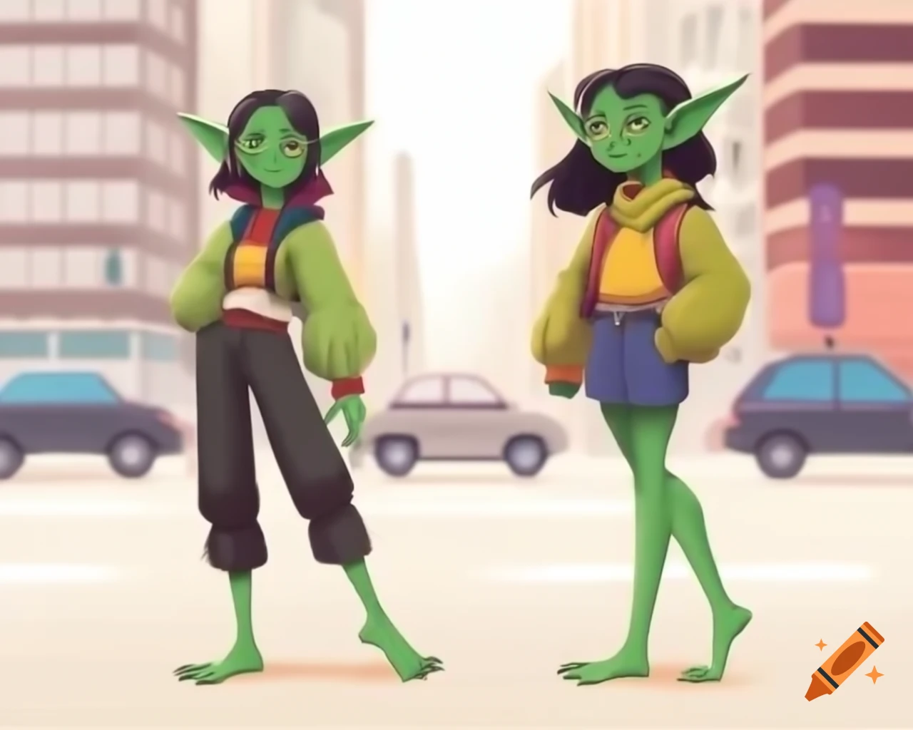 Two green-skinned goblin girls in streetwear posing in busy city on Craiyon